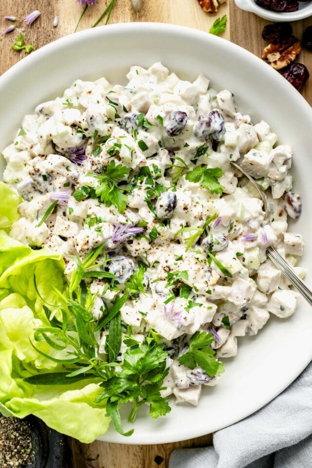 Healthy Chicken Salad Recipe with Greek Yogurt, Dried Cranberries and Nuts